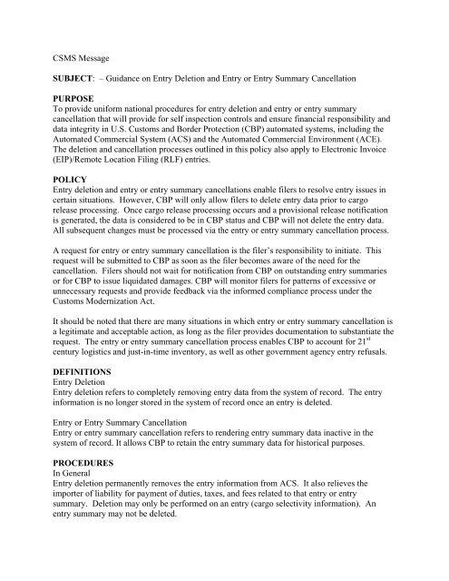 CBP Entry Deletion Cancellation Guidance