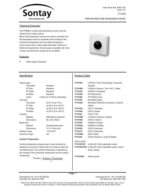 Internal black bulb temperature sensor TT-915 Technical Overview ...