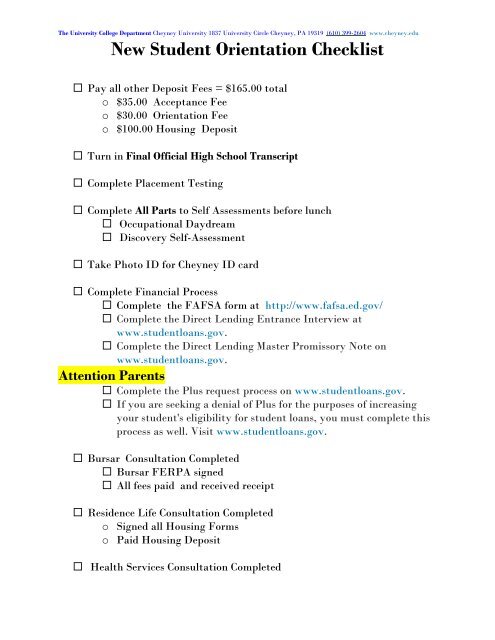 New Student Orientation Checklist Sample