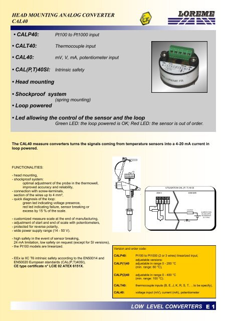 E 1 HEAD MOUNTING ANALOG CONVERTER CAL40 ... - LOREME