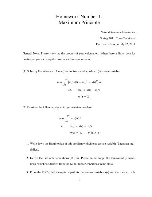 Homework Number 1: Maximum Principle
