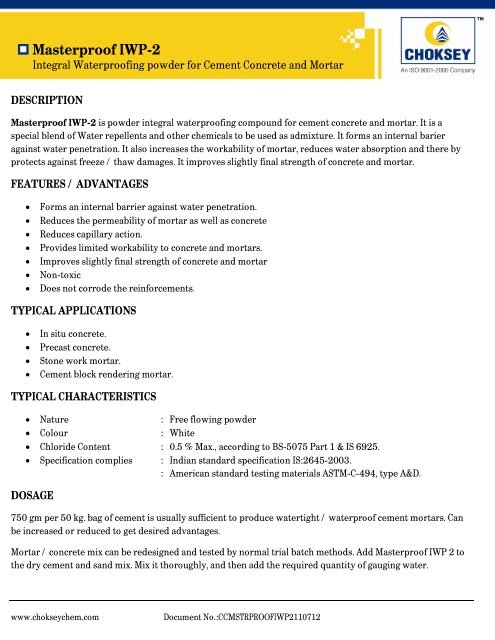 Masterproof IWP-2 - Choksey Chemical