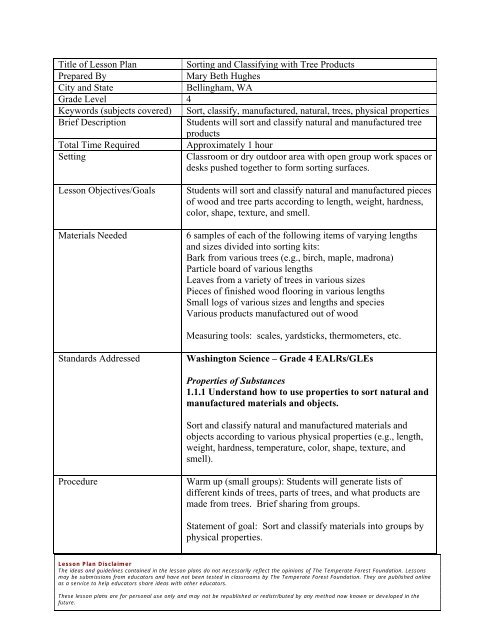 Title of Lesson Plan Sorting and Classifying with Tree Products ...