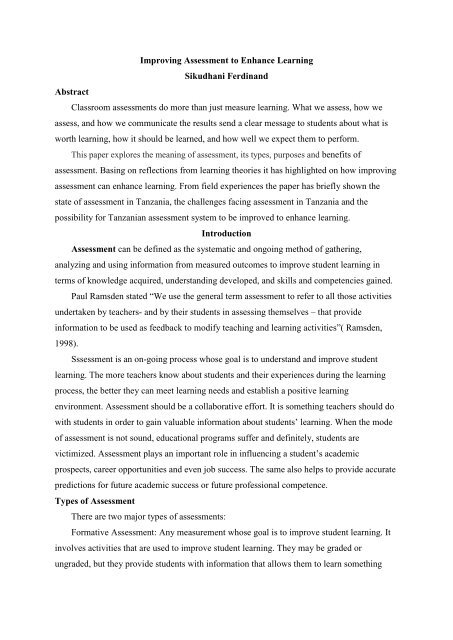 Improving Assessment to Enhance Learning Sikudhani Ferdinand ...