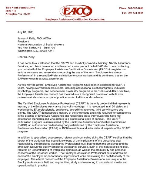 EACC letter to NASW - Employee Assistance Professionals ...
