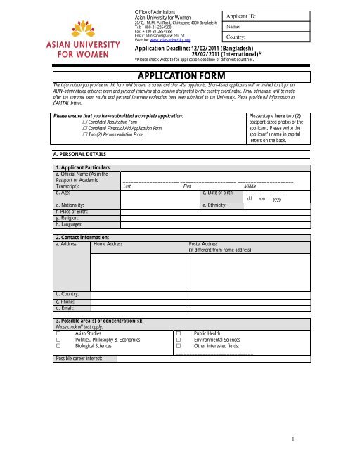 APPLICATION FORM - Asian University for Women