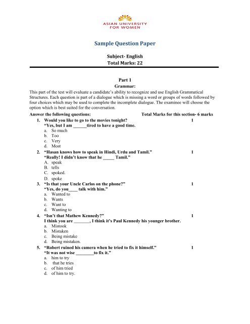 Sample Question Paper - Asian University for Women