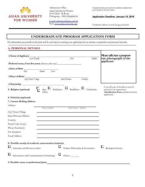 undergraduate program application form - Asian University for Women