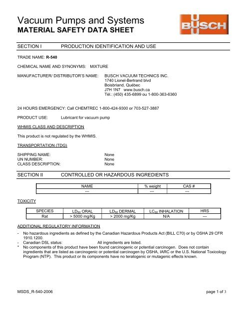 material safety data sheet - Busch Vacuum Technics