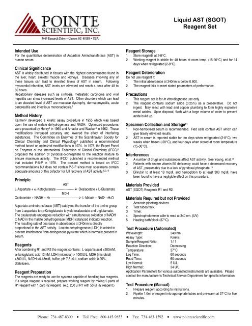Liquid AST (SGOT) Reagent Set - Pointe Scientific, Inc.