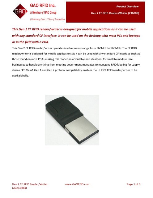 Gen 2 CF RFID Reader/Writer (236008) - GAO RFID Inc.