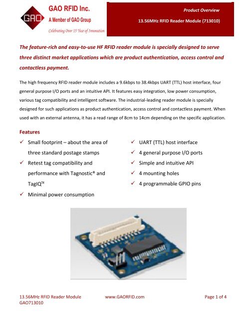 13.56MHz RFID Reader Module (713010) - GAO RFID Inc.