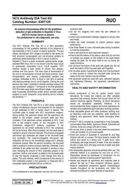 HCV Antibody EIA Test Kit Catalog Number: 6307125 - LINEAR ...