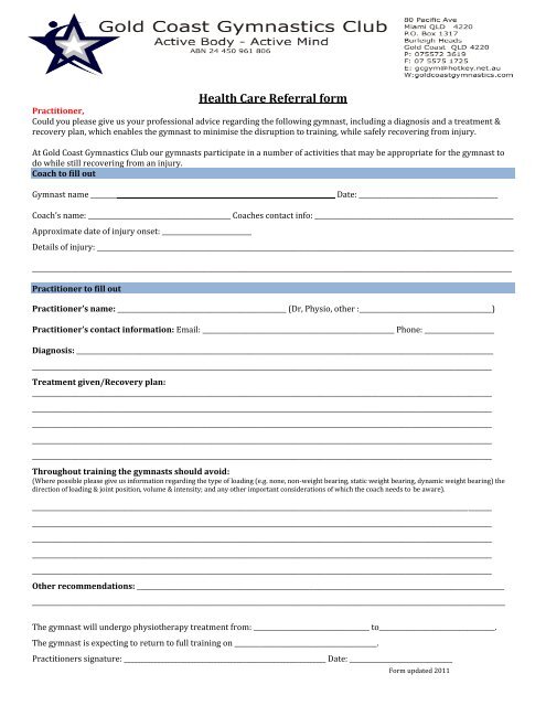 Health Care Referral form - Gold Coast Gymnastics