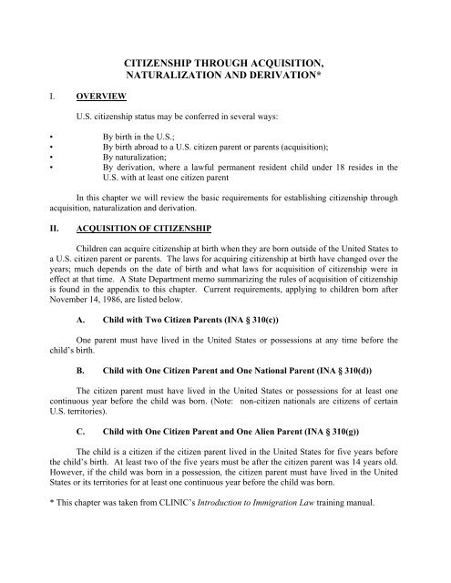 citizenship through acquisition, naturalization and derivation