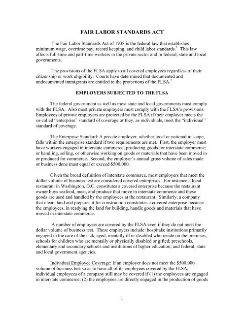 Fair Labor Standards Act Of 1938 Document