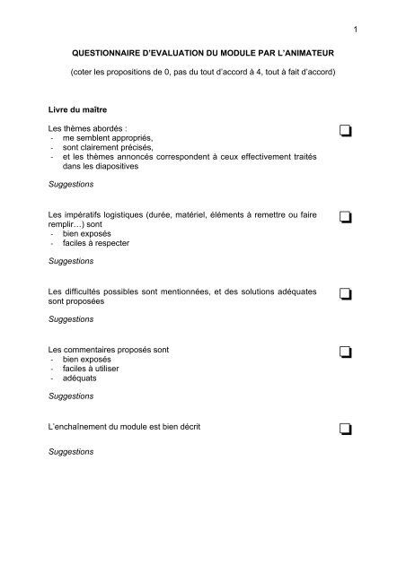 Page 1 1 QUESTIONNAIRE D'EVALUATION DU MODULE PAR L ...