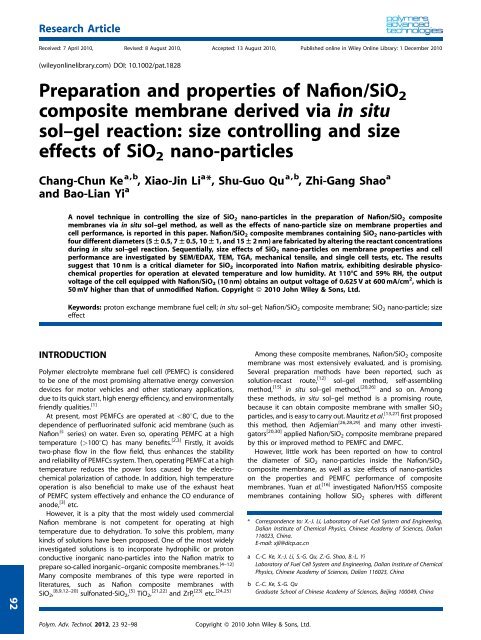 Preparation and properties of Nafion/SiO2 composite membrane ...