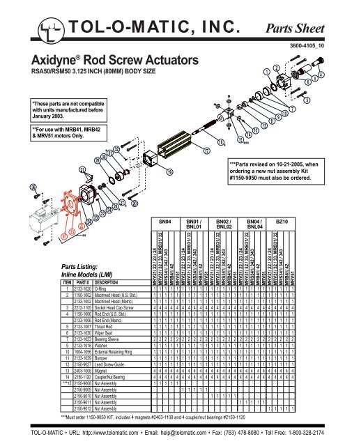 TOL-O-MATIC, INC. Parts Sheet