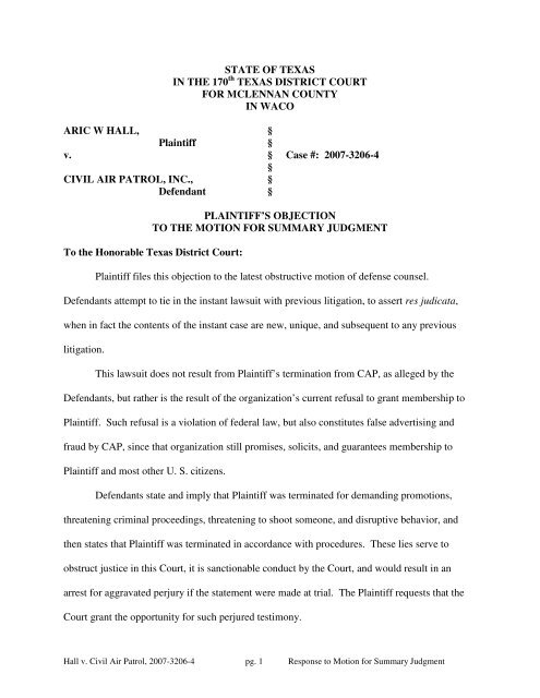 Plaintiff's Response to Motion for Summary Judgment - AricHall.com Plaintiff's Response to Motion for Summary Judgment - AricHall.com