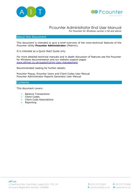 Pcounter Administrator End User Guide - AIT Ltd