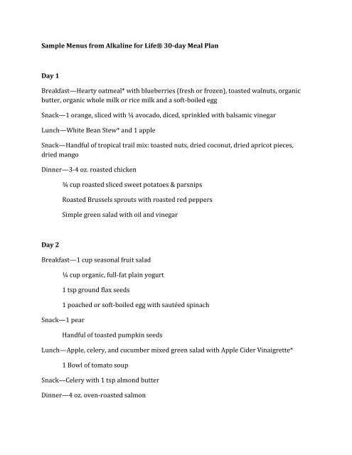 Sample Menus from Alkaline for Life® 30-day Meal Plan Day 1 ...