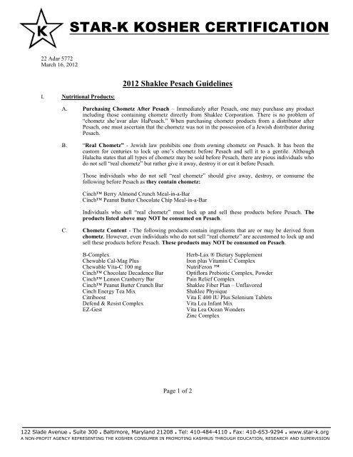 STAR-K KOSHER CERTIFICATION - Shaklee