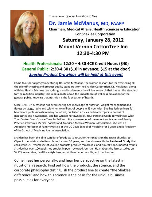 Dr. Jamie McManus, MD, FAAFP Chairman, Medical ... - Shaklee