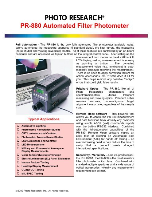 PR-880 Automated Filter Photometer with Pritchard ... - Glen Spectra