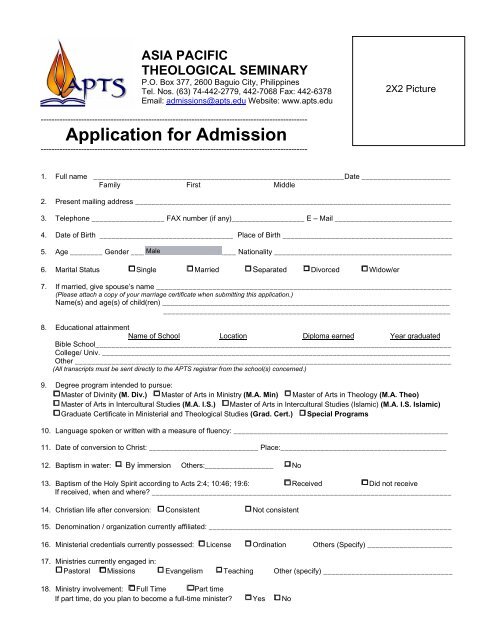 Application for Admission - Asia Pacific Theological Seminary