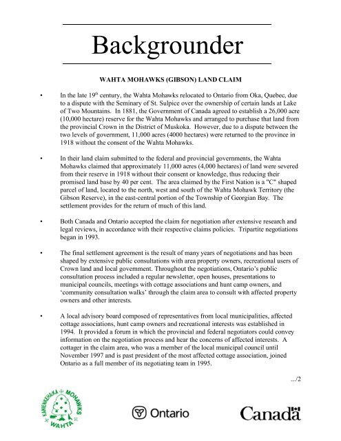 Wahta Mohawks (Gibson) Land Claim - Ministry of Aboriginal Affairs