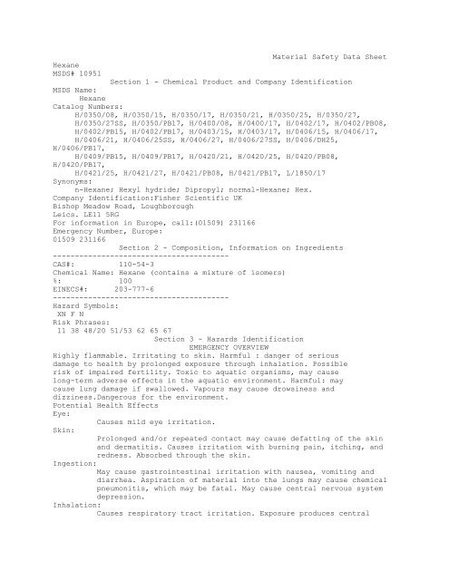 Material Safety Data Sheet Hexane MSDS# 10951 Section 1 ...