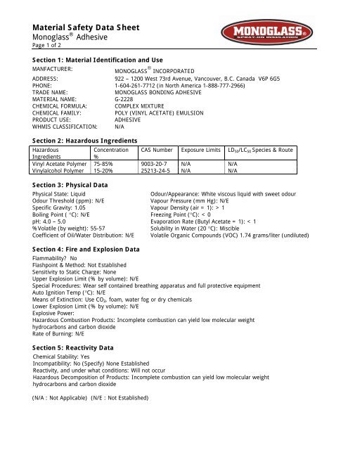 MonoglassÂ® Adhesive MSDS - Monoglass Incorporated