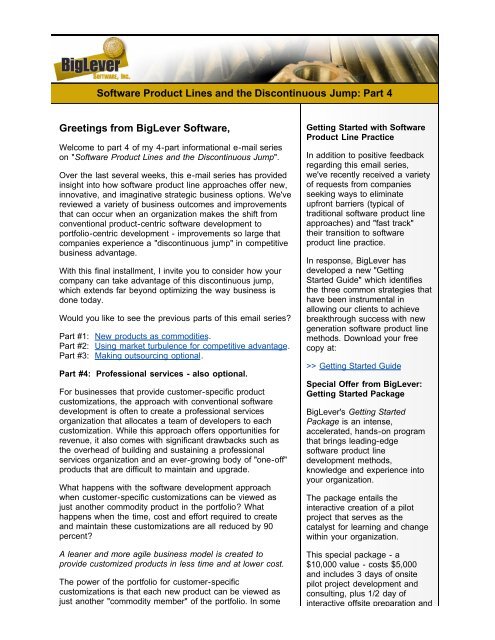 Software Product Lines and the Discontinuous Jump - BigLever ...