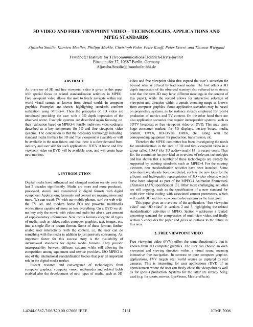 3D VIDEO AND FREE VIEWPOINT VIDEO ... - IEEE Xplore