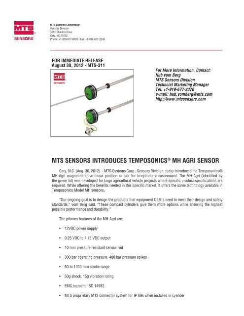 MTS Sensors Introduces Temposonics MH Agri Sensor