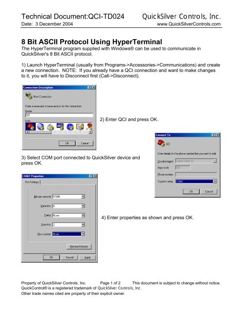 8 Bit Ascii Protocol Using Hyperterminal Quicksilver Controls Inc
