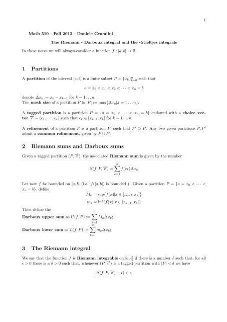 The Riemann-Darboux and the Stieltjes integrals The Riemann-Darboux and the Stieltjes integrals