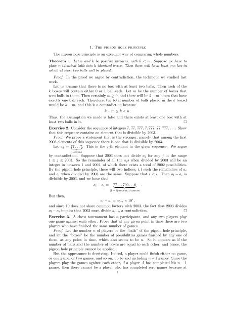 1. The pigeon hole principle The pigeon hole principle is an ...