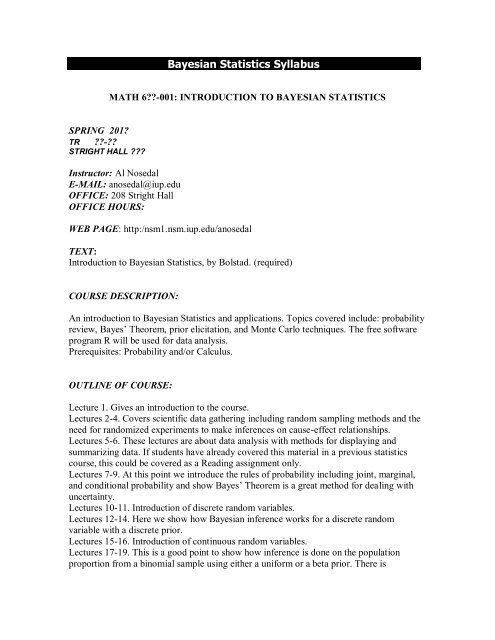 Bayesian Statistics Syllabus