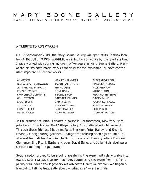 Press Release - Mary Boone Gallery