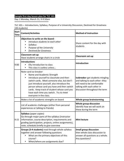 Example First Day Lesson Plan Example First Day Lesson Plan