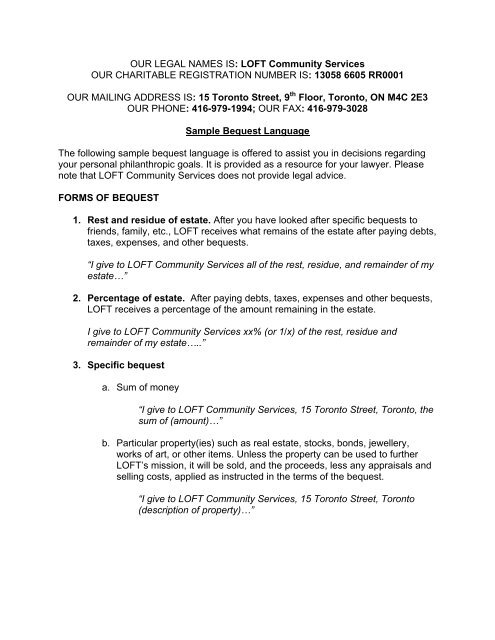 Sample Bequest Language (PDF) - LOFT Community Services
