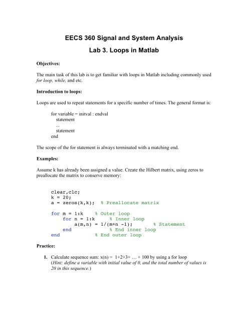 EECS 360 Signal and System Analysis Lab 3. Loops in Matlab