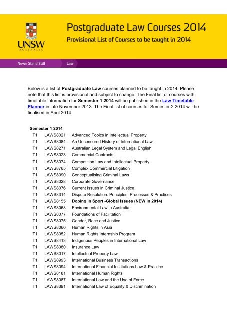 List of Postgraduate Courses to be offered in 2014 - UNSW Law