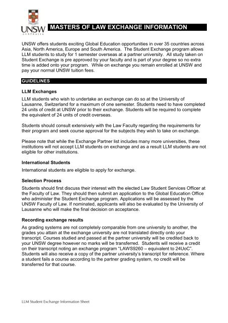 Exchange Information Sheet for LLM Students - UNSW Law