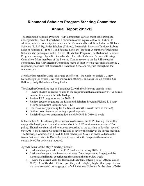 Richmond Scholars Program Steering Committee Annual Report ...