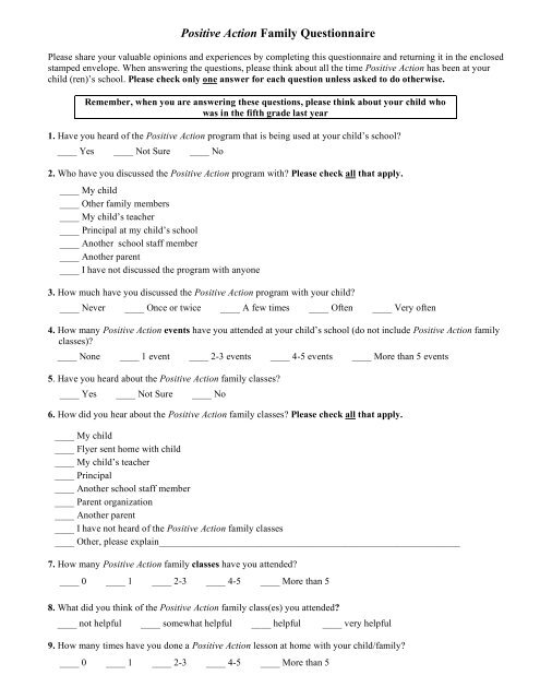 Family Questionnaire, version 2 - Positive Action