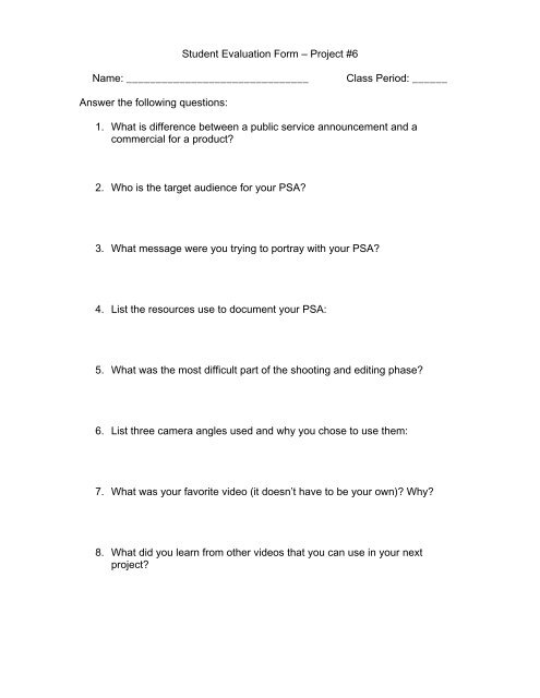 Student Evaluation Form – Project #1 - The Spill