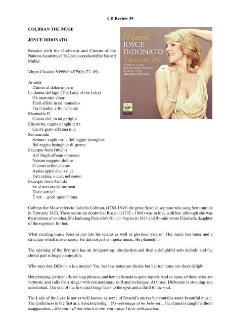CD Review 39 Joyce DiDonato: Rossini - Colbran ... - Wrightmusic.net